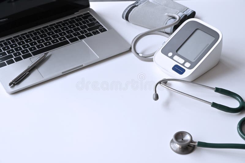 Medical Equipment and Laptop Computer on Doctor Workspace Stock Image ...