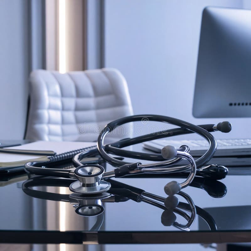 A Medical Equipment with Two Stethoscopes and a Computer on Top Stock ...