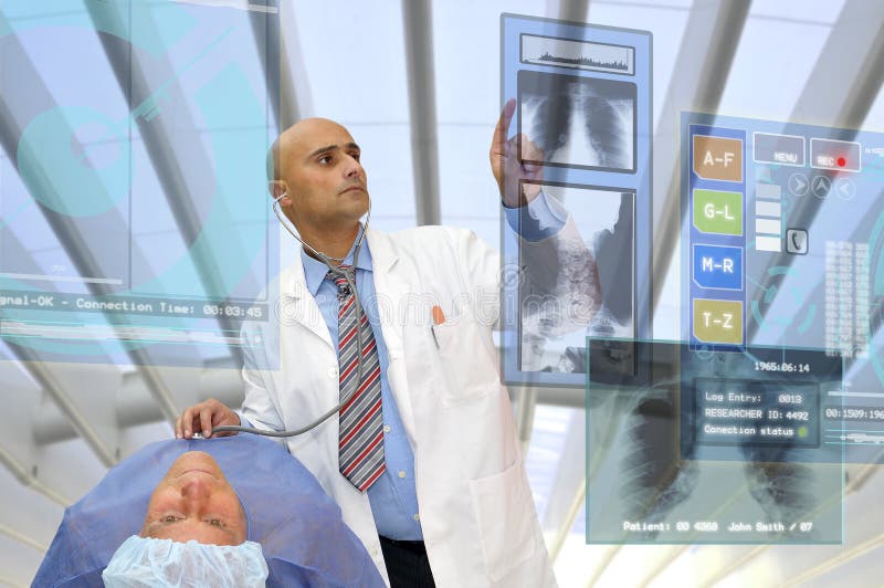 Hand Touching Screen with Medical Data Stock Illustration ...