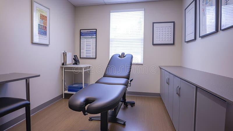 A Medical Examination Room with a Table, Chair, and Cabinets Stock ...