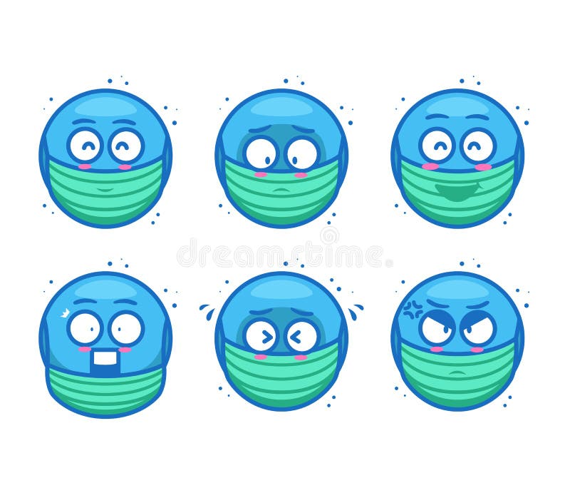 Medical Face Mask Blue Emoji Emoticon Expression Set Stock Vector ...