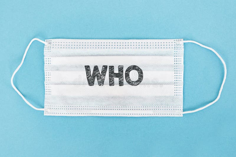Medical Face Mask with WHO Text on Blue Background Stock Image - Image ...