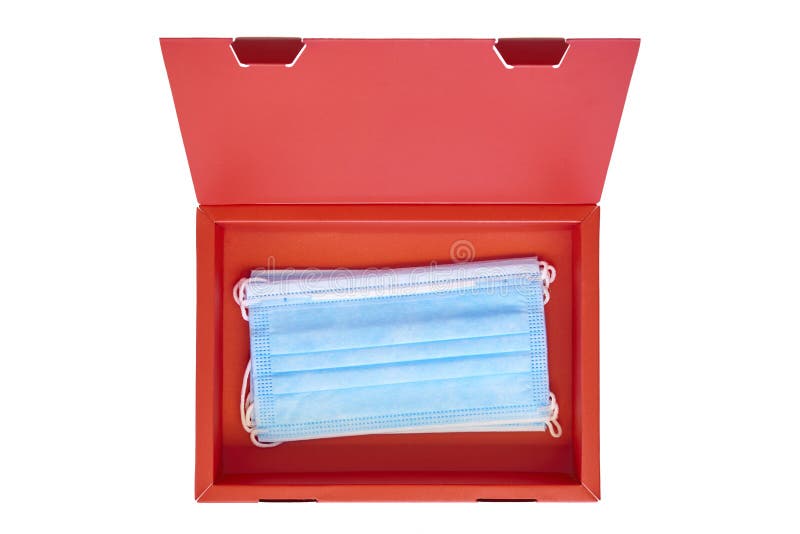 Medical Face Masks on a Red Box Isolated on White Stock Photo - Image ...