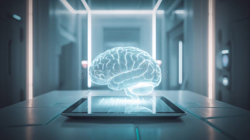 Medical Hologram Neon Glow Translucent Human Brain Setting on Tablet ...