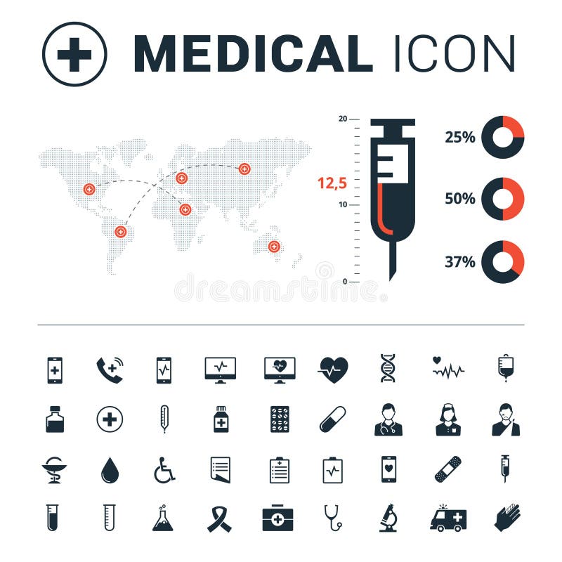 Medical Icon Set with Big Syringe and World Map on White Background ...