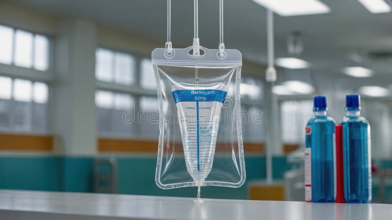 Medical Infusion Bag Hangs in Clinical Setting with Bright Lighting and ...
