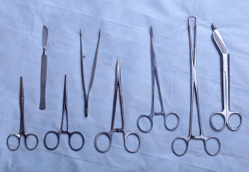 Medical Instruments for Doctor on Blue Table Stock Photo - Image of ...