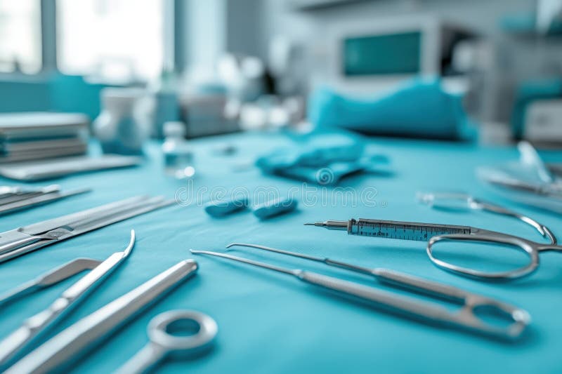 Medical Instruments Layout on a Sterile Table in a Bright Operating ...