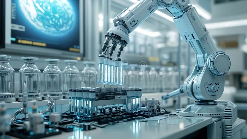 In Medical Lab, Sleek Robot Arm Performs Precise Movements among Rows ...