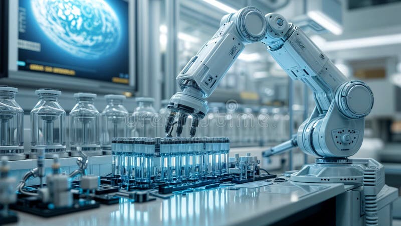 In Medical Lab, Sleek Robot Arm Performs Precise Movements among Rows ...