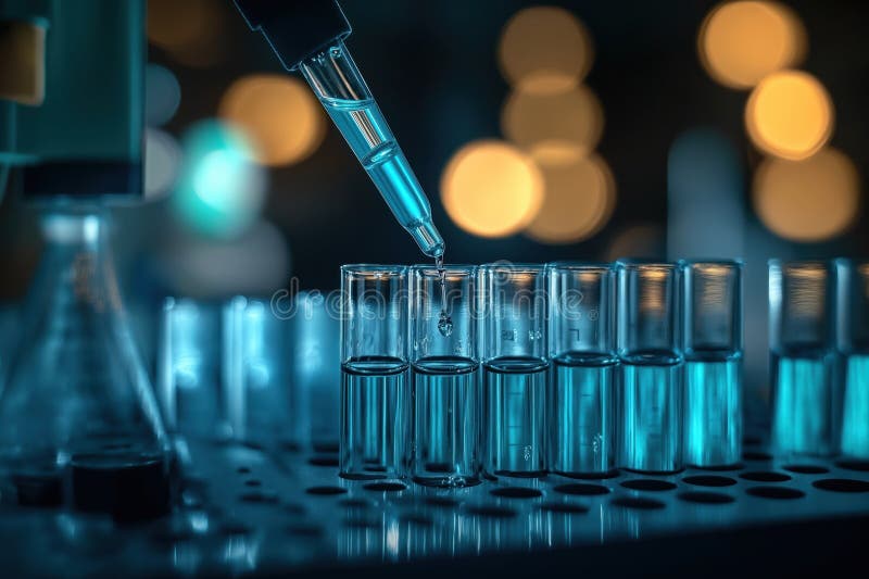 Medical Lab Tech Adding Liquid To Test Tubes. Closeup View of Scientist ...