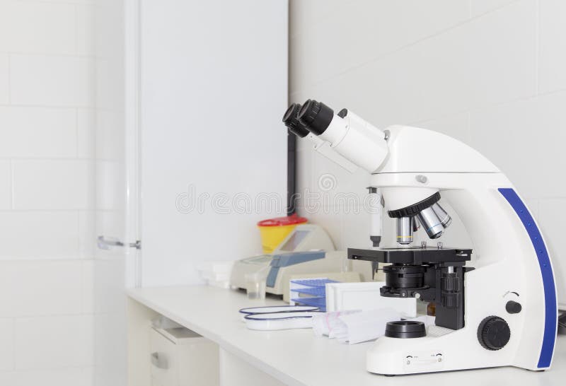 Close Up of Modern Microscope on Table with Samples Stock Photo - Image ...