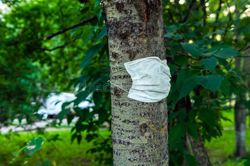The Medical Mask is Put on the Trunk of the Tree Stock Image - Image of ...