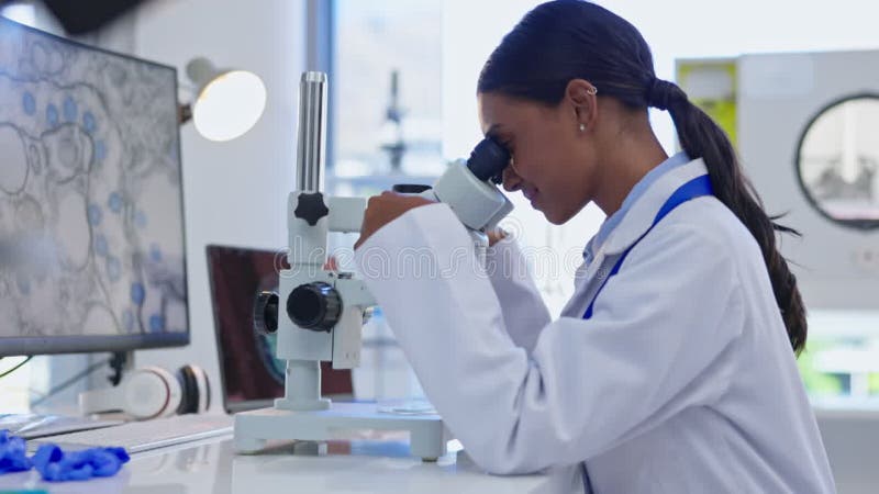 Medical, Microscope Check and Woman Scientist Doing Research for Dna ...