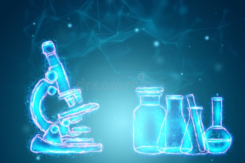Medical Microscope with Different Flasks and Test Tubes on a Blue ...