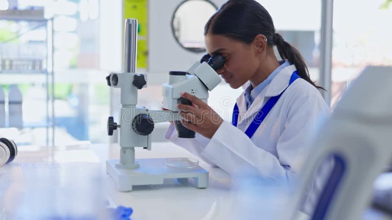 Medical, Microscope Research and Woman Scientist Smile for Dna Data and ...