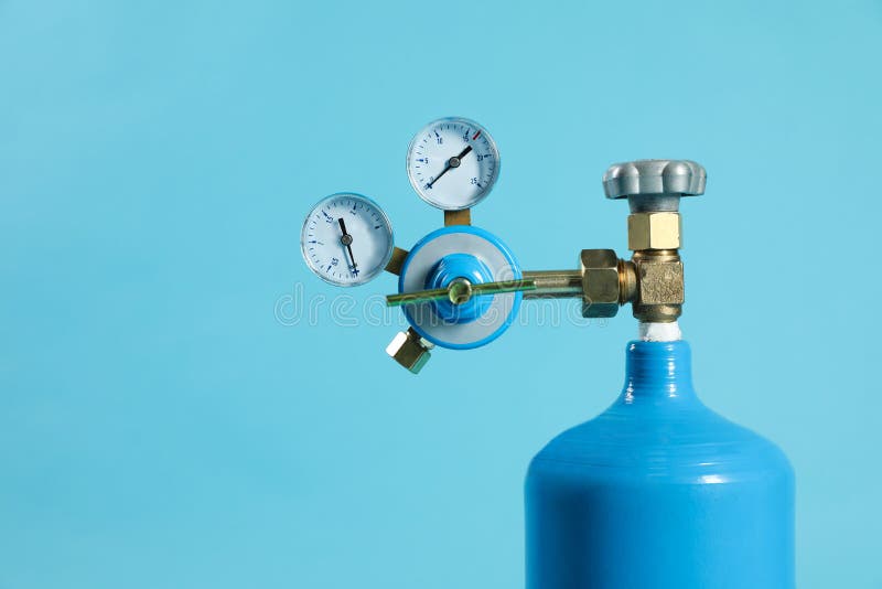 Medical Oxygen Tank on Light Blue Background. Space for Text Stock ...