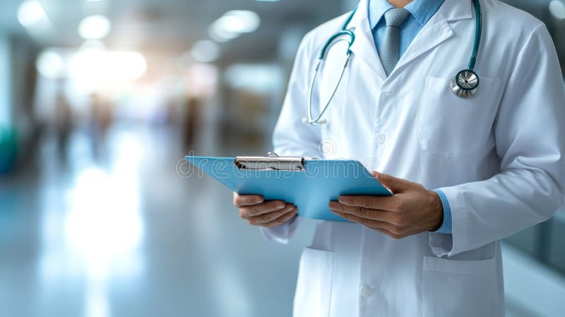 A Medical Practitioner in a White Lab Coat Stands with a Clipboard ...