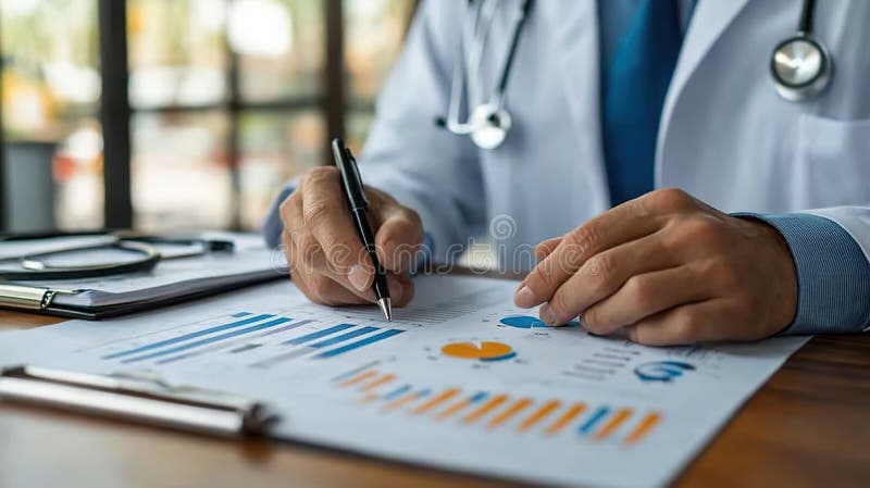 Medical Professional Analyzing Data Charts and Statistics in a Bright ...