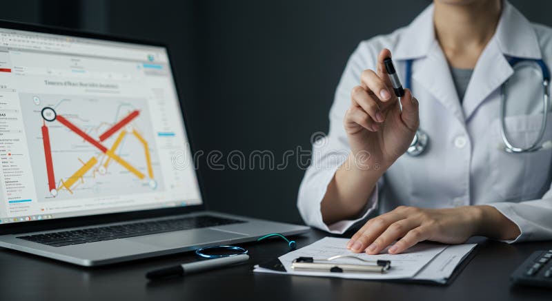 Medical Professional Analyzing Data on Laptop, Using Pen To Point at ...