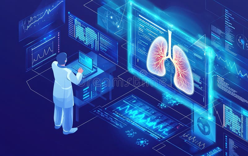 Medical Professional Analyzing Lung Data on Futuristic Holographic Display in a Laboratory ...