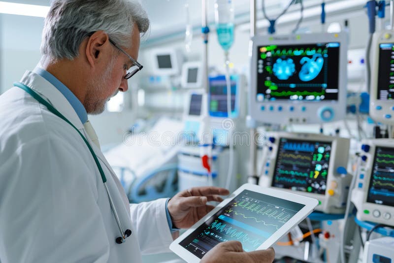 Medical Professional Analyzing Patient Data on Tablet in Hospital Stock ...
