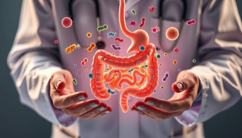 Medical Professional Displays Human Gut Microbiome. Intestinal Bacteria ...