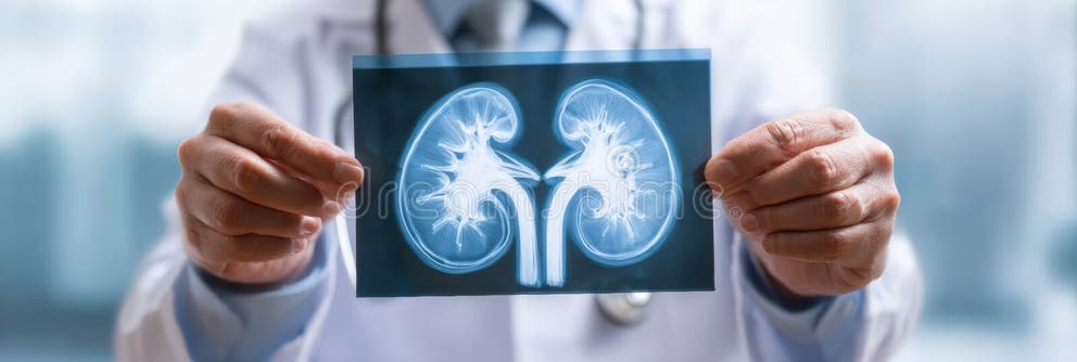 Doctor Holds Kidney X-ray Image in a Clinical Setting while Displaying ...