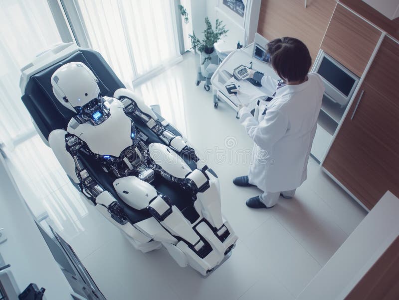 Medical Professional Examines a Humanoid Robot with Advanced Technology ...