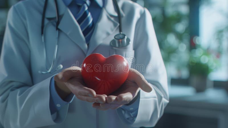 A Medical Professional in a Lab Coat Holds a Red Heart in Their Hands ...
