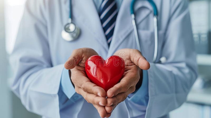 A Medical Professional in a Lab Coat Holds a Red Heart in Their Hands ...