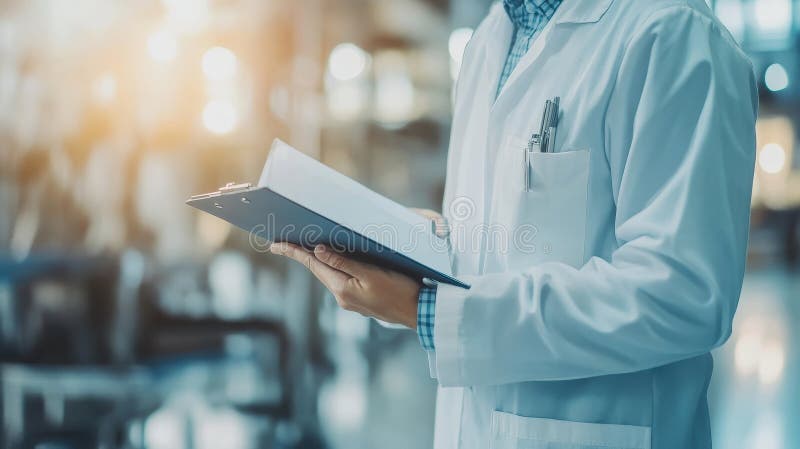 A Medical Professional Reviewing Notes in a Clinical Setting Stock ...