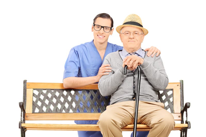 Medical Professional and Senior Sitting on Bench Stock Image - Image of ...