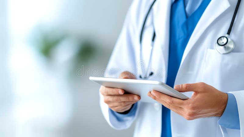 Medical Professional Using Tablet in Modern Healthcare Setting Stock ...