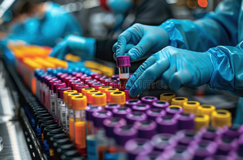 Medical Professionals Handle Colorful Vials in a Laboratory during a ...