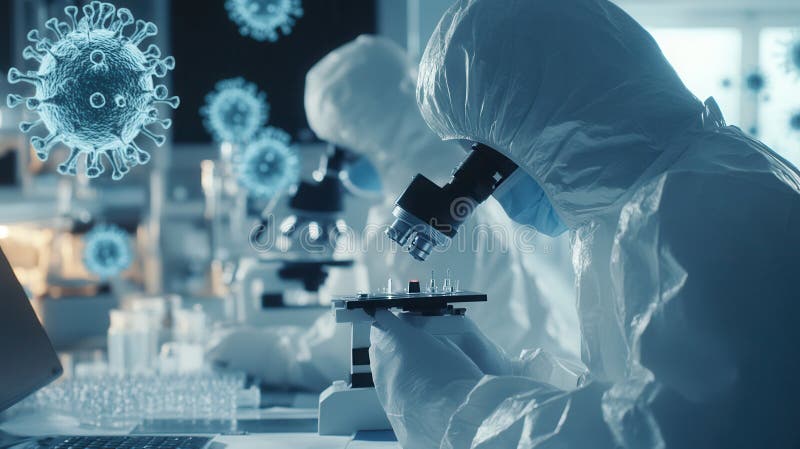 Medical Professionals in Protective Suits Examine Viruses Under a ...