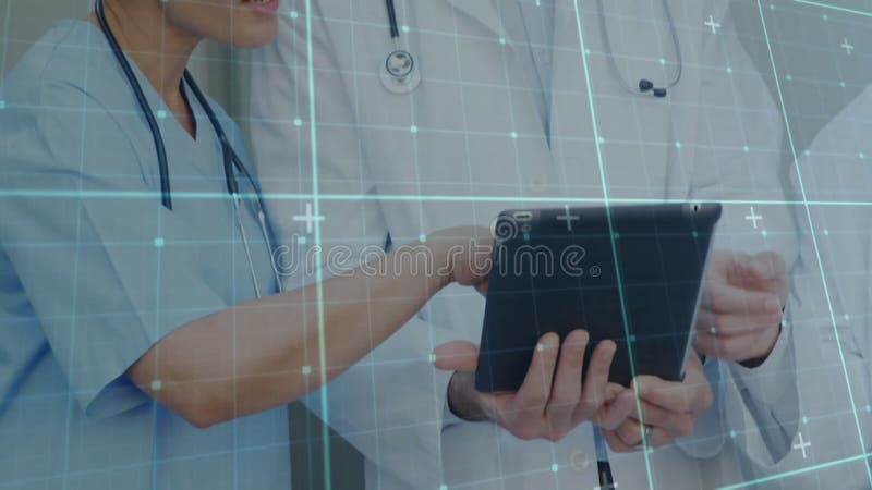 Medical Professionals Using Tablet, Grid and Data Points Animation Over ...