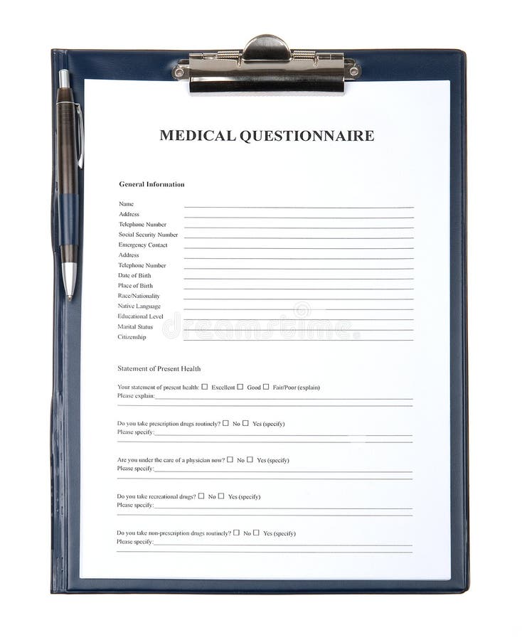 Medical Questionnaire in a Clipboard Isolated Stock Photo - Image of ...