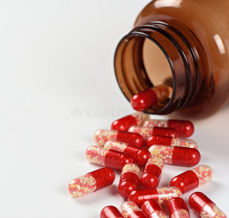 Medical Red Capsules and Bottle Stock Image - Image of care, concept ...