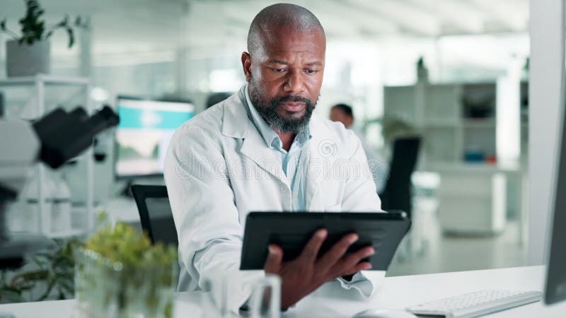 Medical, Research and Black Man with Tablet, Science and Typing with ...