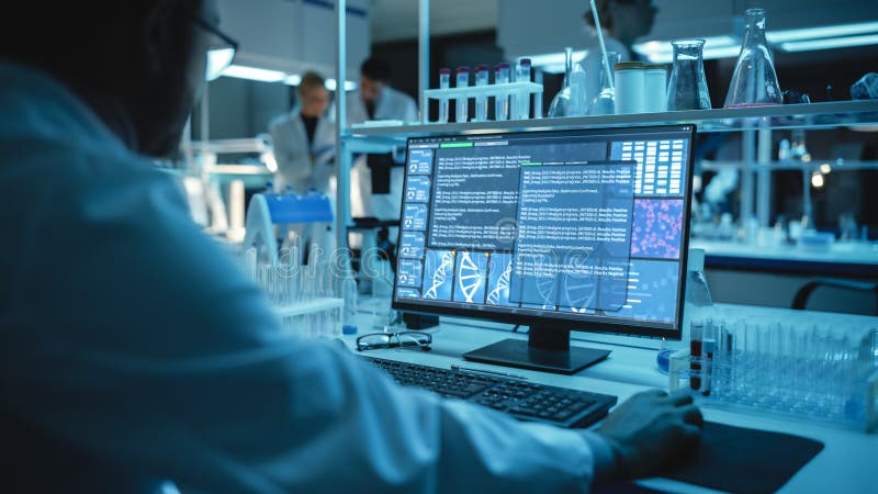 Medical Research Scientist Typing Sophisticated Coding on His Desktop ...