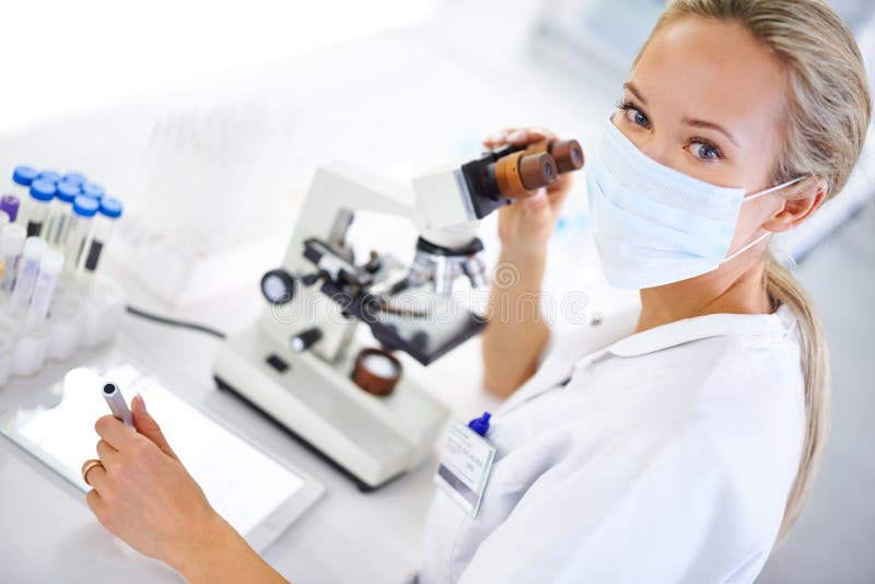 Medical, Research and Woman with Tablet and Microscope in Lab with ...