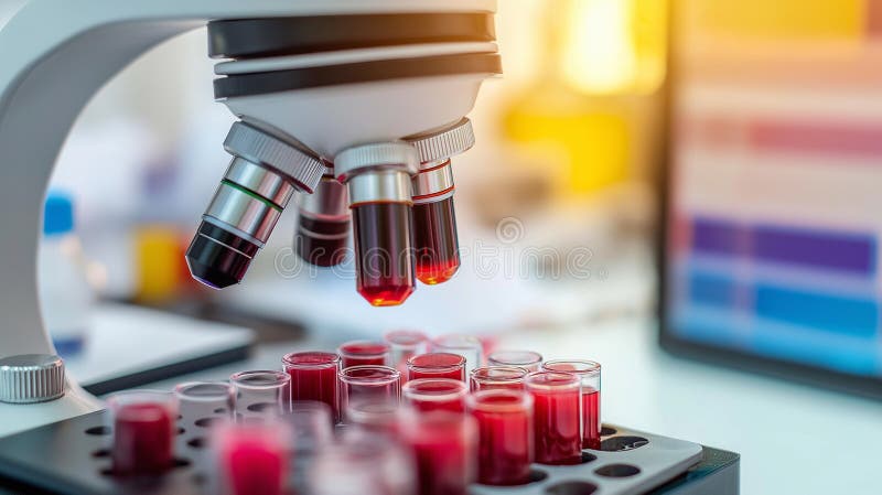 Medical Researchers Analyzing Blood Samples Under a Microscope in a ...
