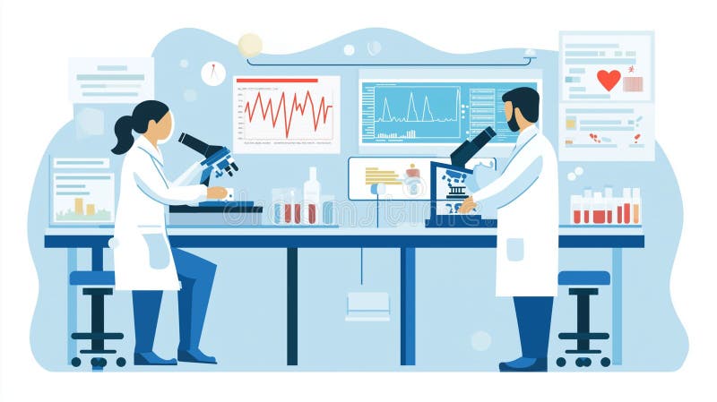 Medical Researchers Analyzing Blood Samples Under a Microscope in a ...