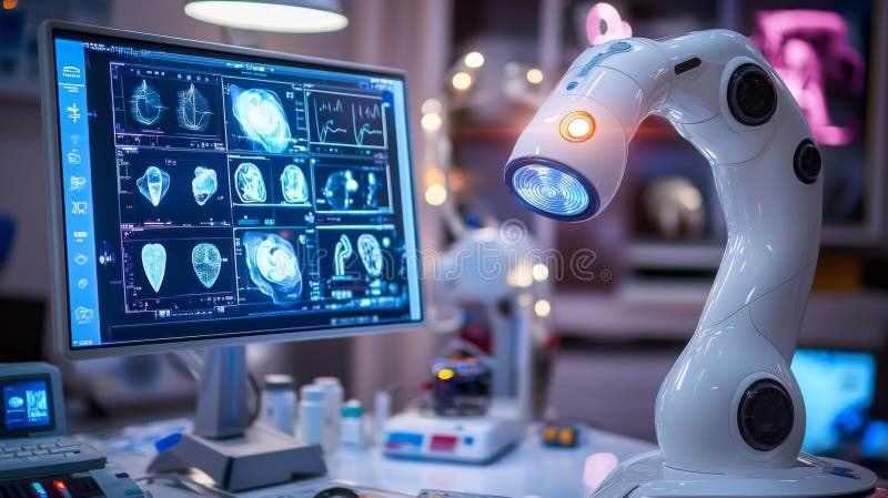 Medical Robotic Arm and Computer Screen Displaying Medical Images in a ...