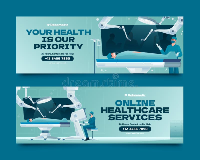 Medical Robots Hand Drawn Banner Set Stock Illustration - Illustration ...