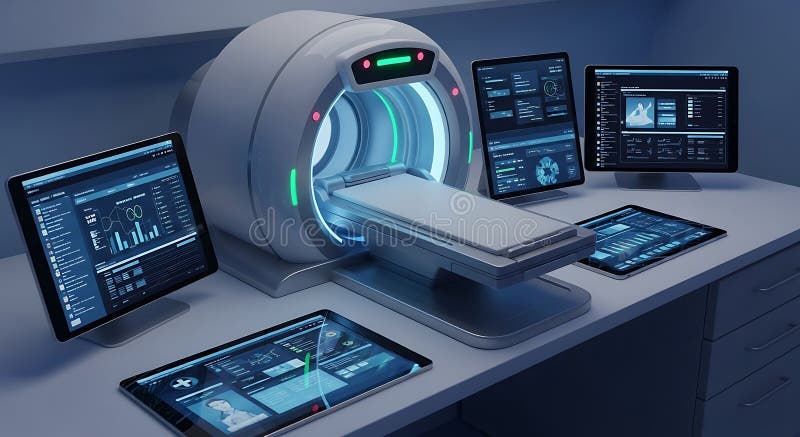 Medical Scan Machine with Tablets Displaying Data Stock Photo - Image ...