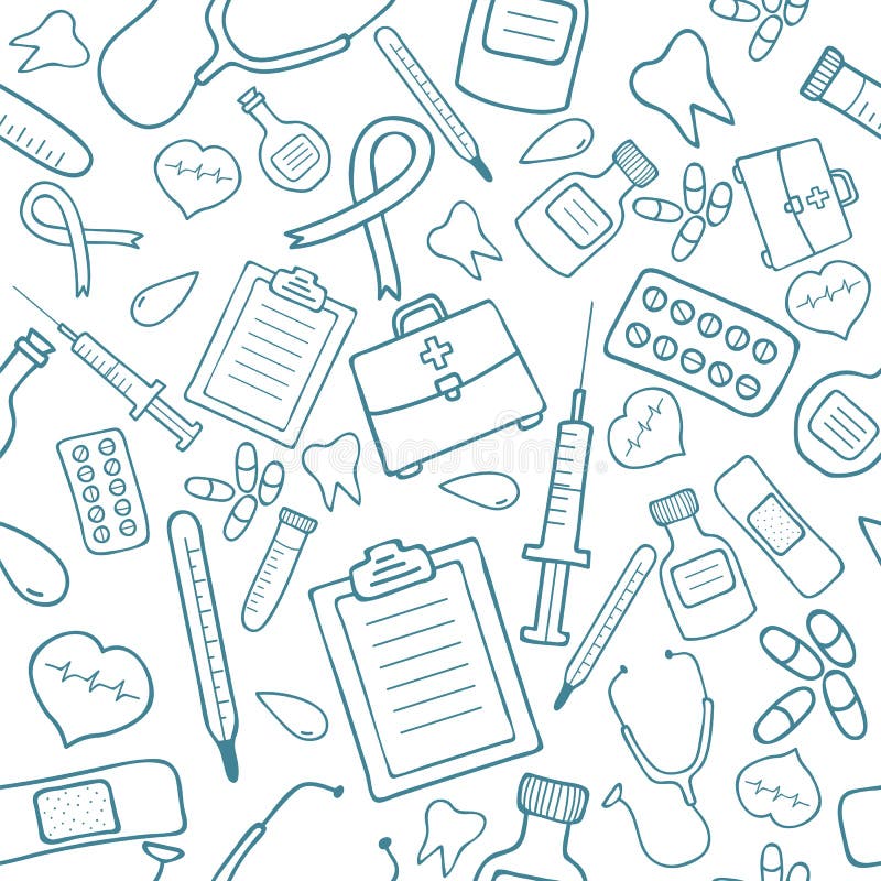 Doodle Medical Seamless Pattern. Set of Medicine Icons Stock Vector ...