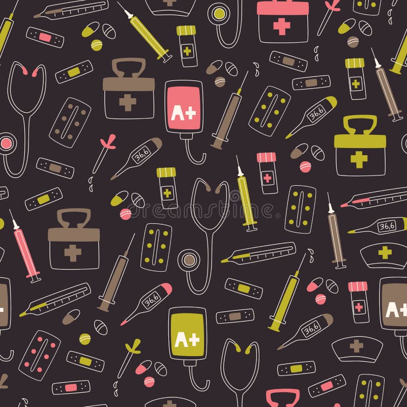 Pattern with Hospital and Medical Tools. Vector Doodle Elements. Stock ...
