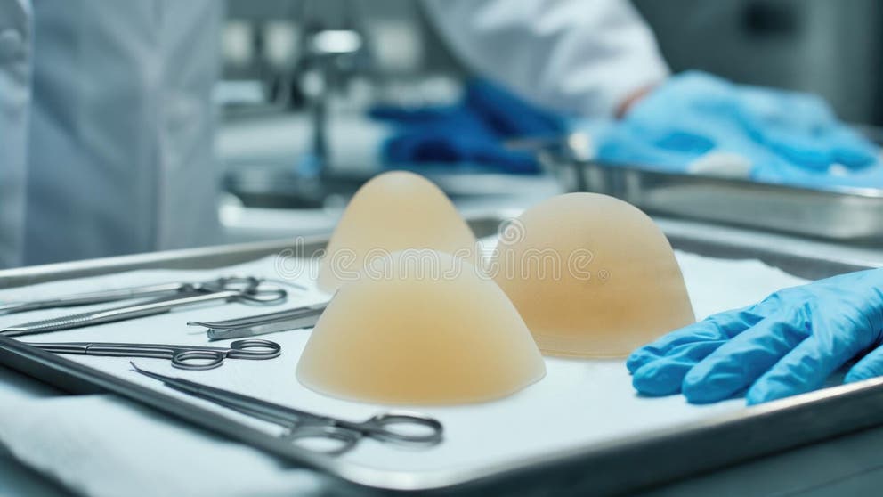 Medical Silicone Implants on Tray with Surgical Tools in Operating Room ...